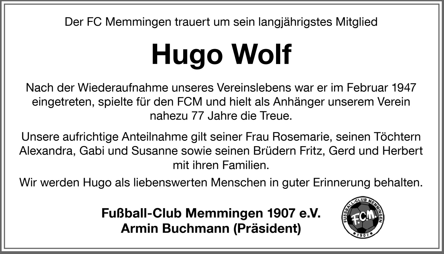 FC Memmingen trauert um ältestes Mitglied Hugo Wolf - FC Memmingen 1907 ...